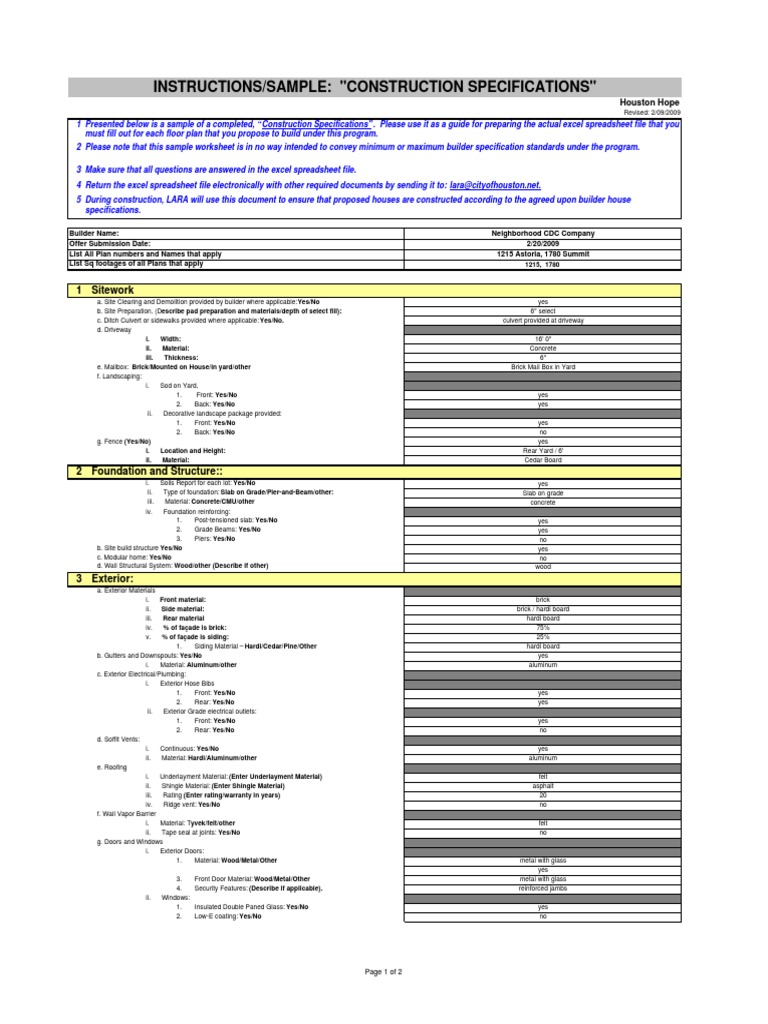 Instructions/Sample: "Construction Specifications": 1 Sitework | PDF ...