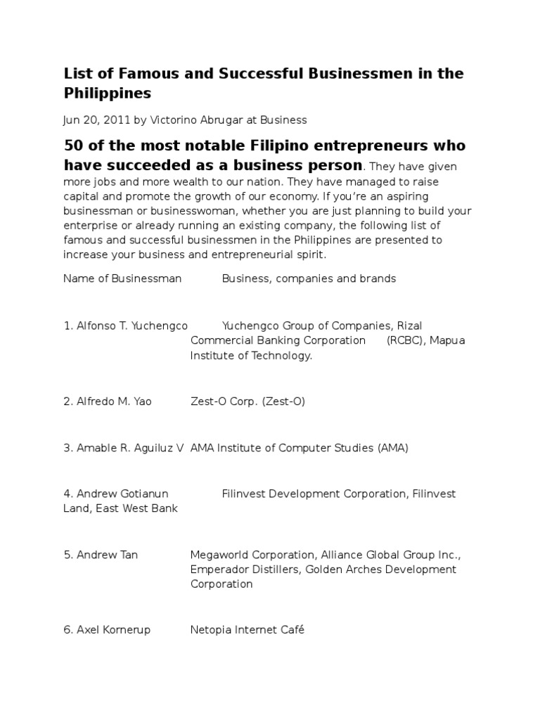 50 Influential Filipino Entrepreneurs Who Have Shaped the Philippine ...