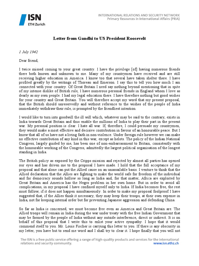 Gandhi's 1942 Letter to Roosevelt | PDF | Allies Of World War II ...