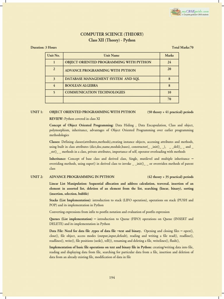 Computer Science (Theory) Class XII (Theory) - Python | PDF | Method (Computer Programming ...