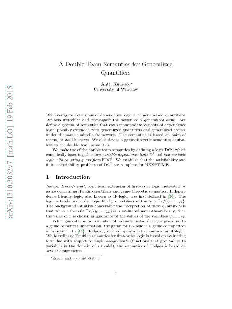 A Double Team Semantics For Generalized Quantifiers: Antti Kuusisto University of Wroc Law | PDF ...