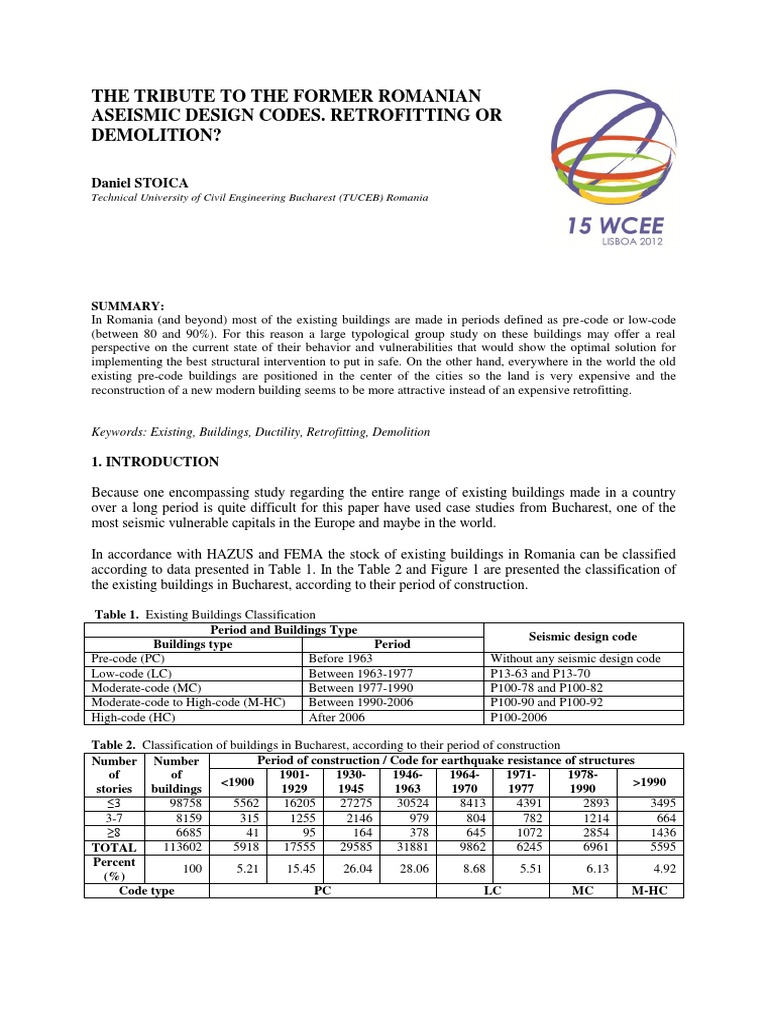 The Tribute To The Former Romanian Aseismic Design Codes. Retrofitting ...
