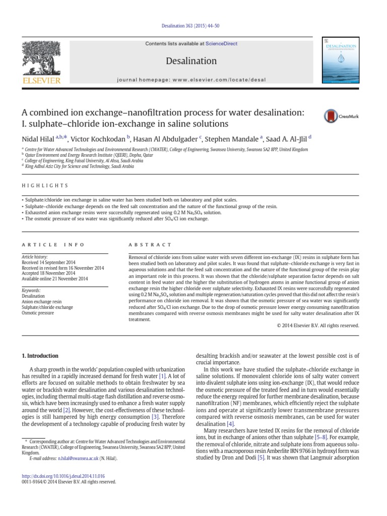 A Combined Ion Exchange-Nanofiltration Process For Water Desalination ...