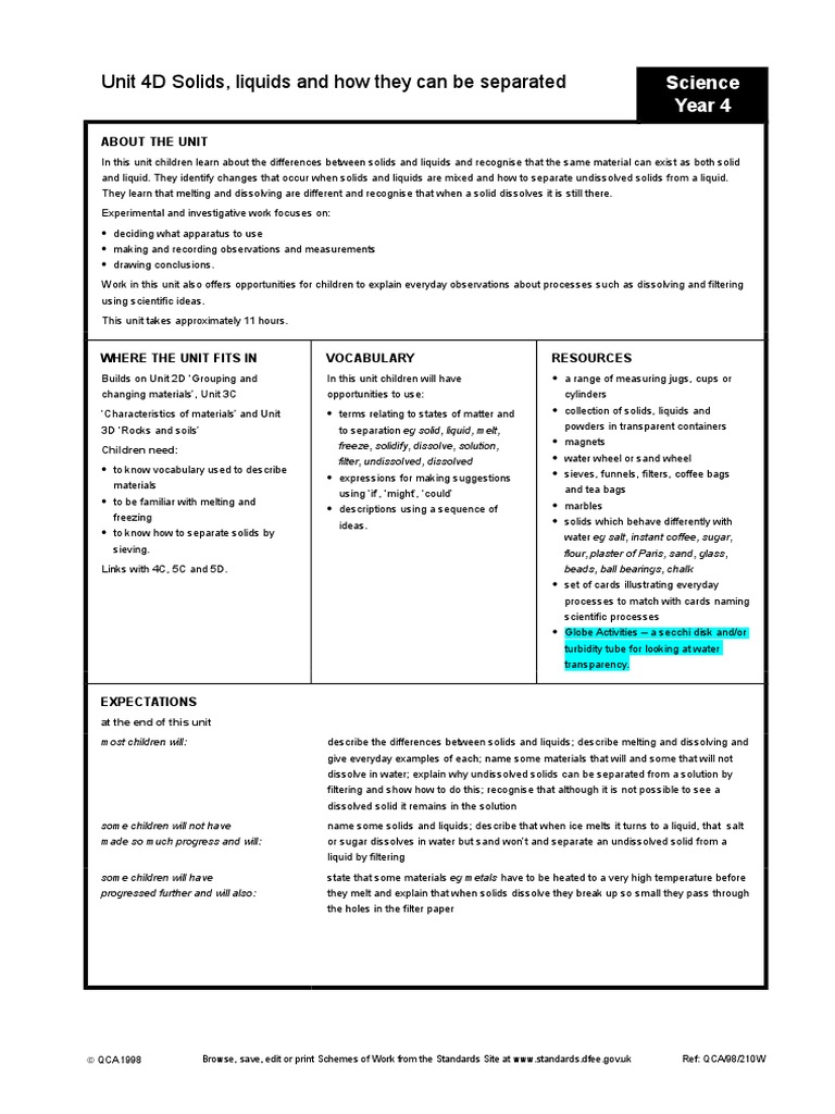 Unit 4D Solids, Liquids and How They Can Be Separated: Science Year 4 ...