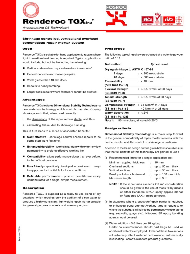 Renderoc TGX: Uses Properties | PDF | Mortar (Masonry) | Concrete