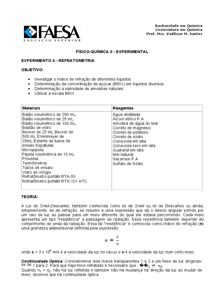 Roteiro Experimental 4 - Refratometria | PDF | Refração | Química Física