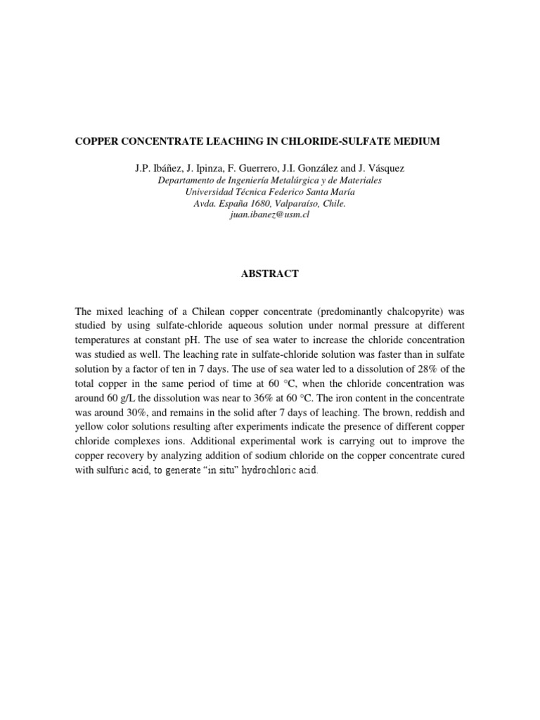 Copper Leaching in Chloride-Sulfate Medium | PDF | Dissolution ...