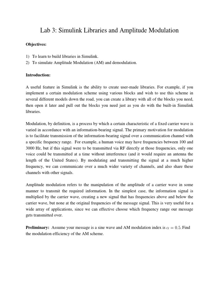 Lab 3 Simulink Libraries And Amplitude Modulation Pdf Modulation Telecommunications