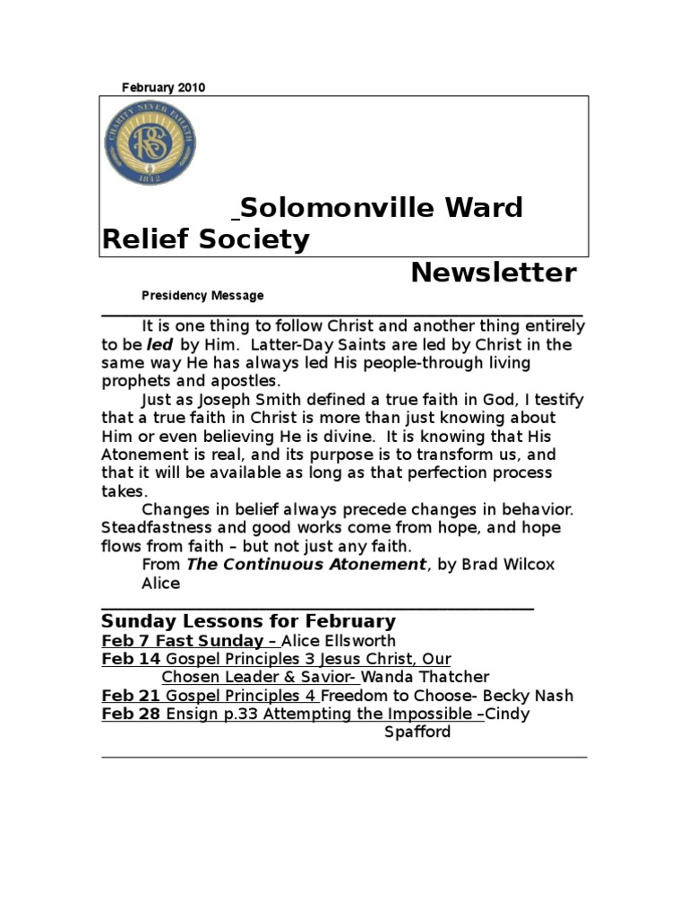 Solomonville Ward RS Newsletter - Feb 2010 | PDF | Jesus | Faith