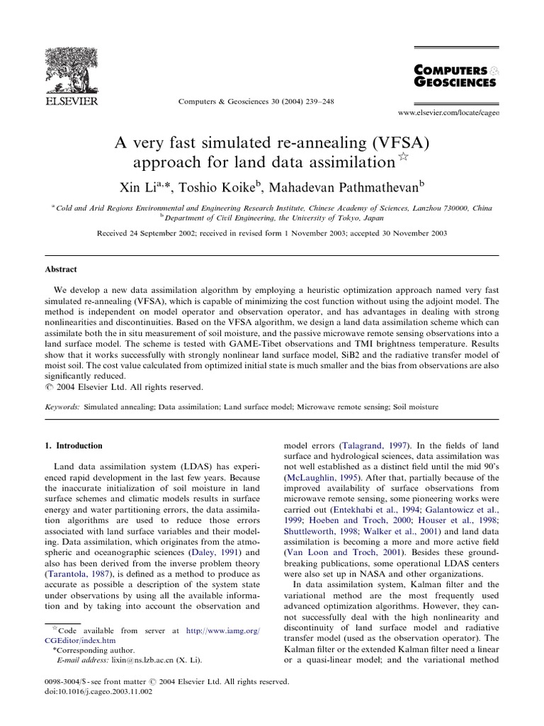 A Very Fast Simulated Re Annealing VFSA Approach For Land Data ...