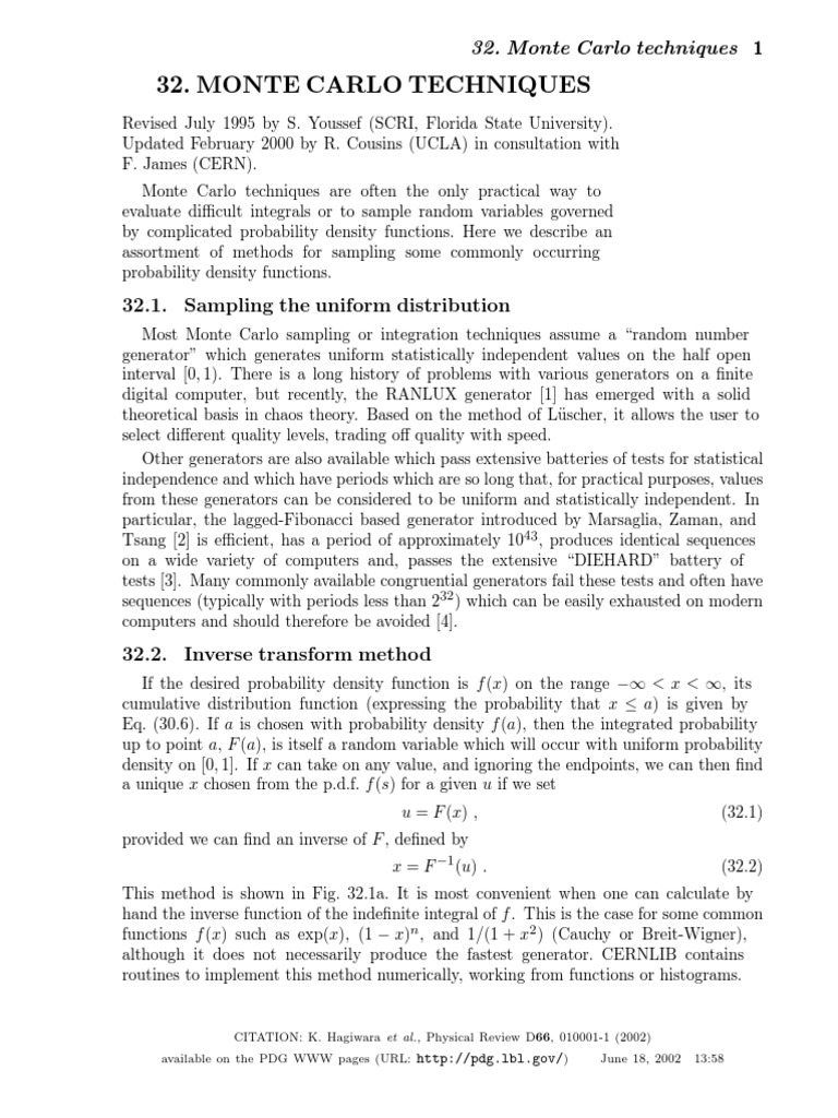 Monte Carlo Techniques: 32.1. Sampling The Uniform Distribution ...