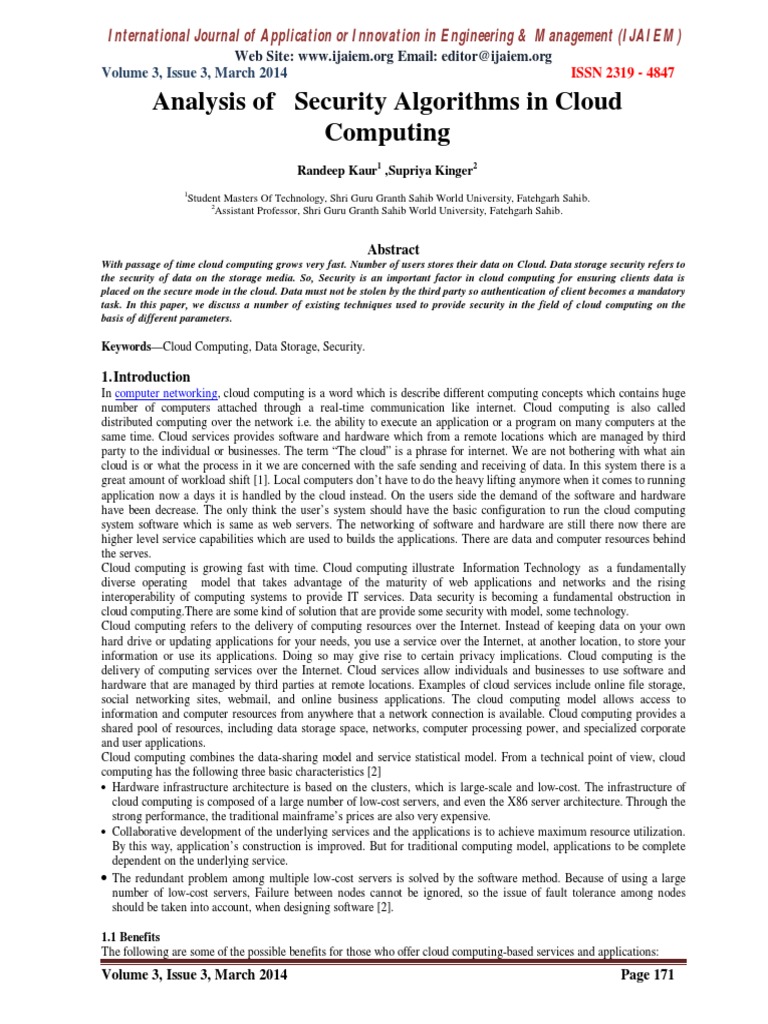 Analysis of Security Algorithms in Cloud | PDF