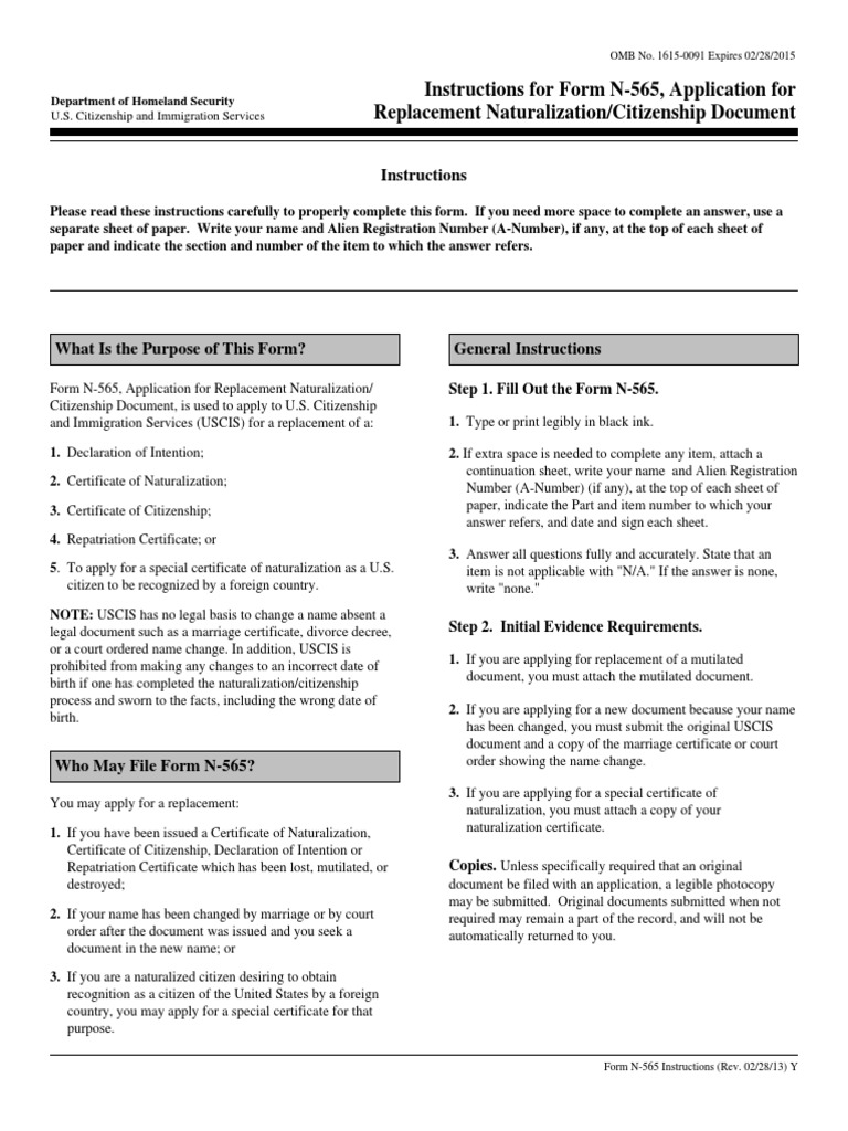 Instructions For Form N-565, Application For Replacement Naturalization ...