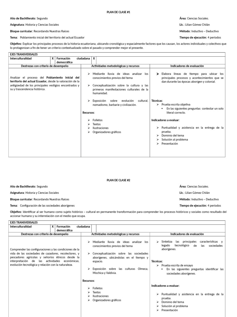 Hcs Plan de Clase Historia y Ciencias Sociales 2año Bachillerato | PDF ...