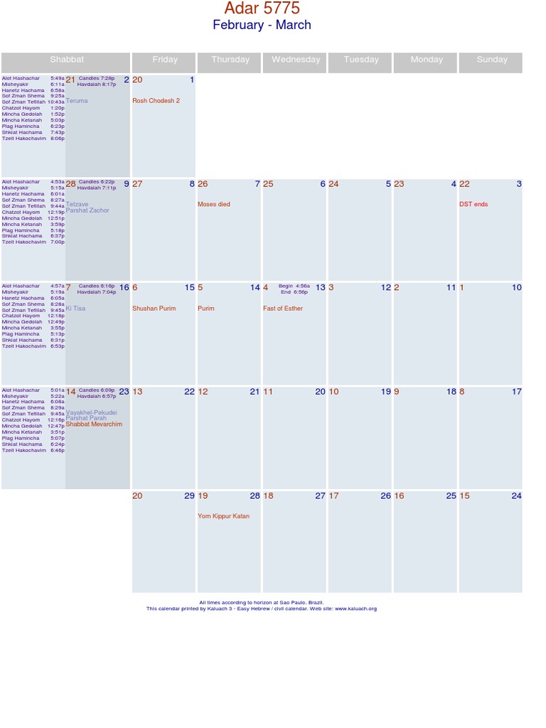 Shabbat and Holiday Schedule 5775 | PDF