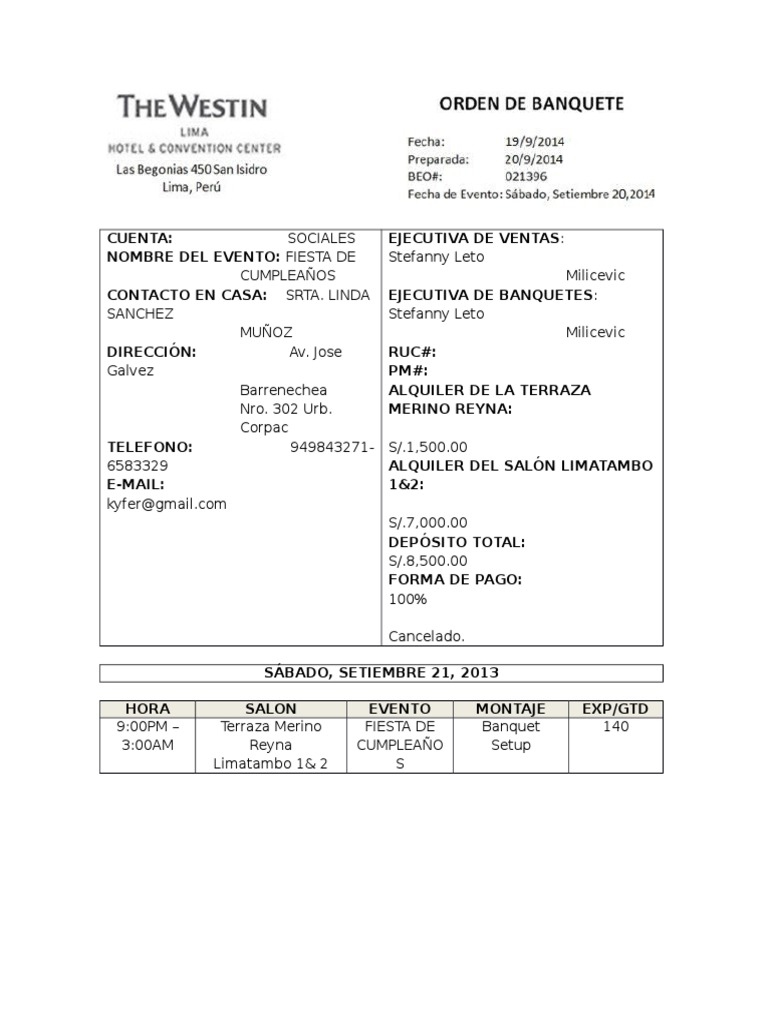 BEO Hotel Westin | PDF | Comida y bebida | Alimentos