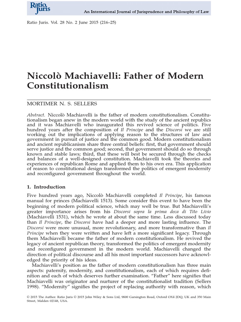 Niccolò Machiavelli Father Of Modern Constitutionalism Pdf Niccolò