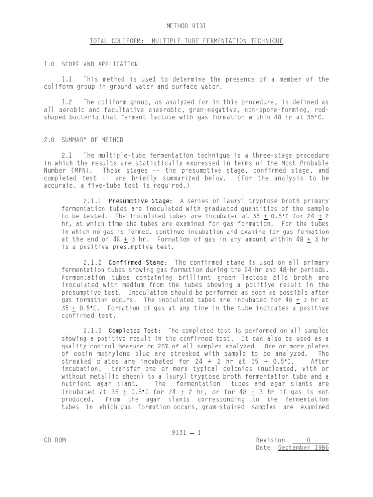 Total Coliform Multiple Tube Fermentation Technique - EPA | PDF ...
