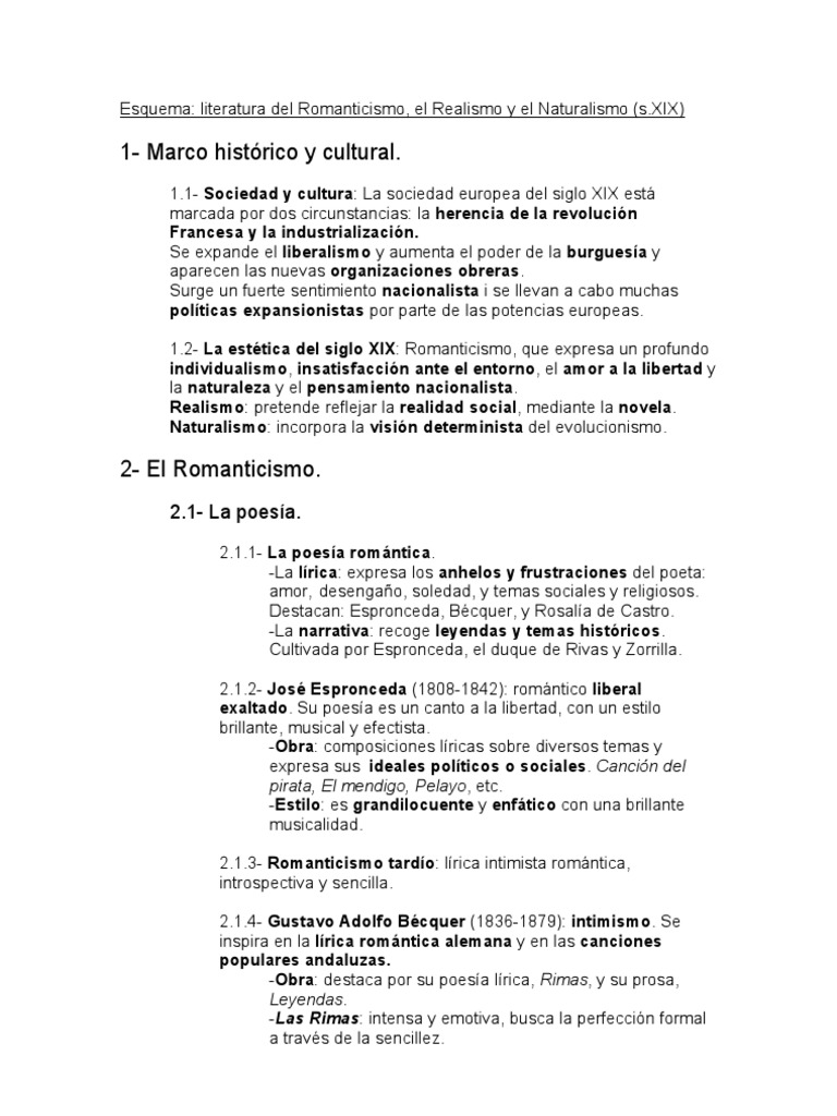 Esquema Romanticismo Realismo y Naturalismo | PDF | Realismo literario ...