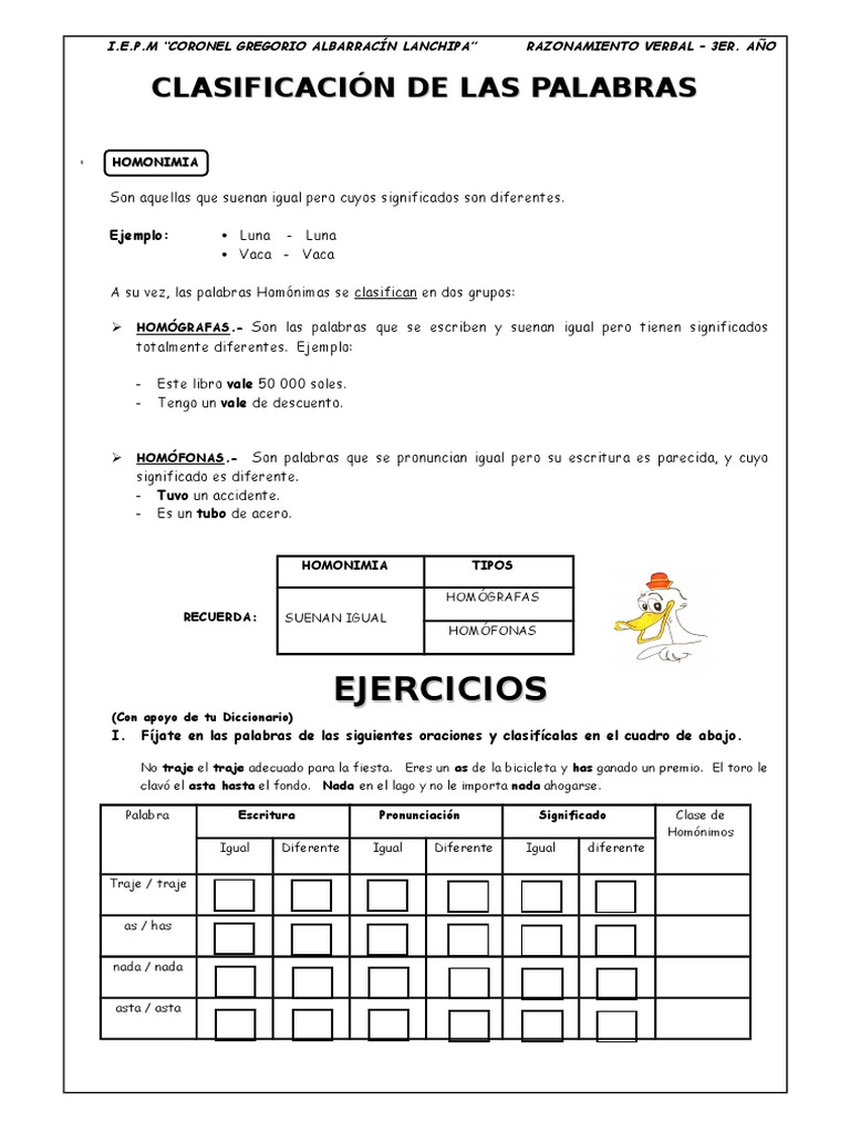 Clasificación de Palabras: Homonimia y Paronimia | PDF | Verbo ...