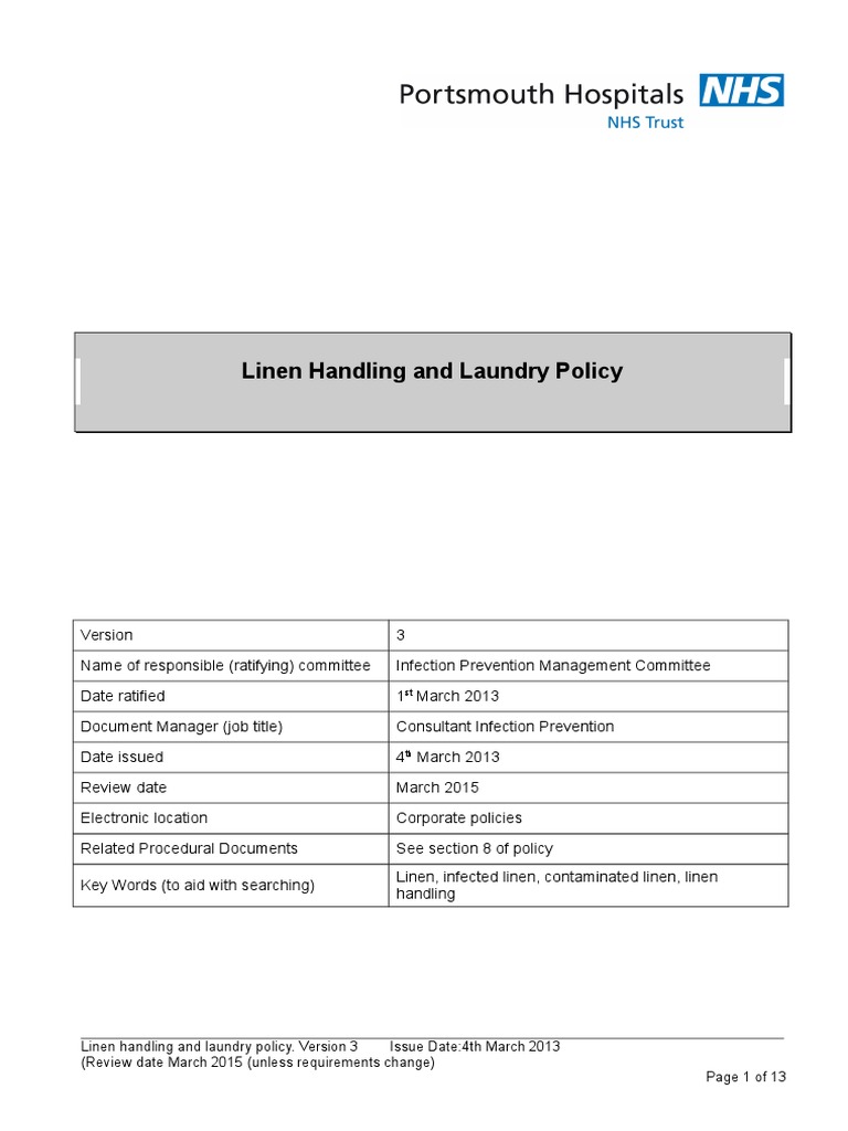 Linen Handling and Laundry Policy | PDF | Infection Control | Hygiene