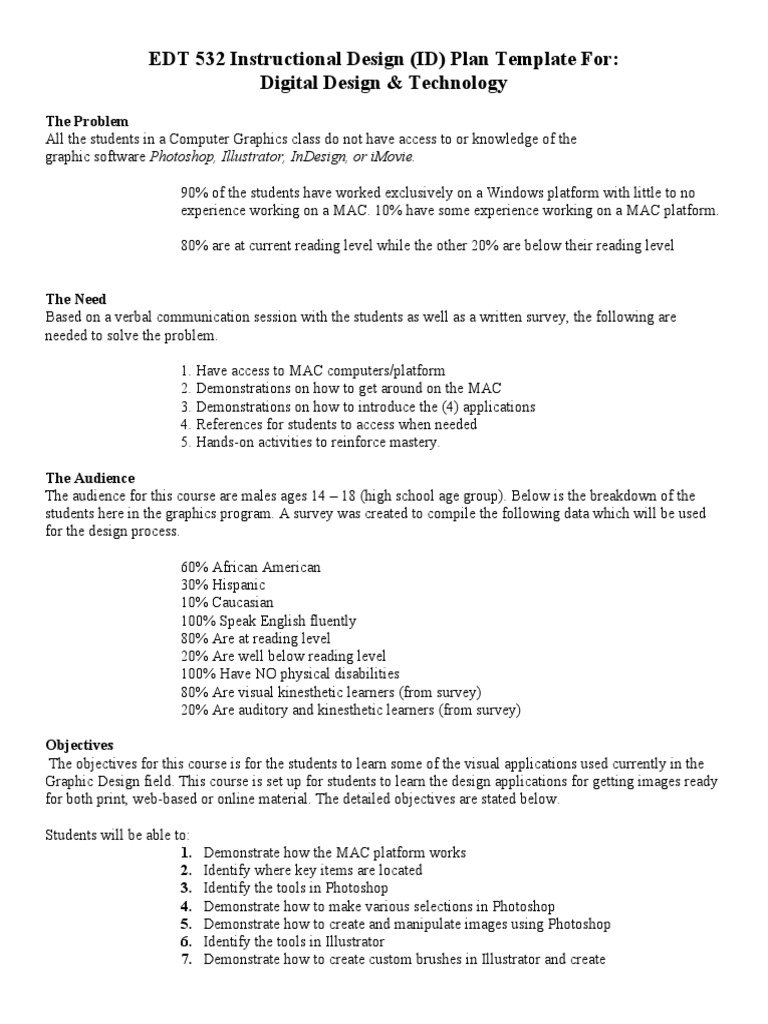 EDT 532 Instructional Design (ID) Plan Template For: Digital Design ...