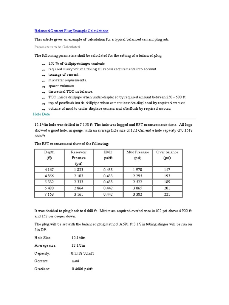 Balanced Cement Plug Calculation Guide | PDF | Casing (Borehole ...
