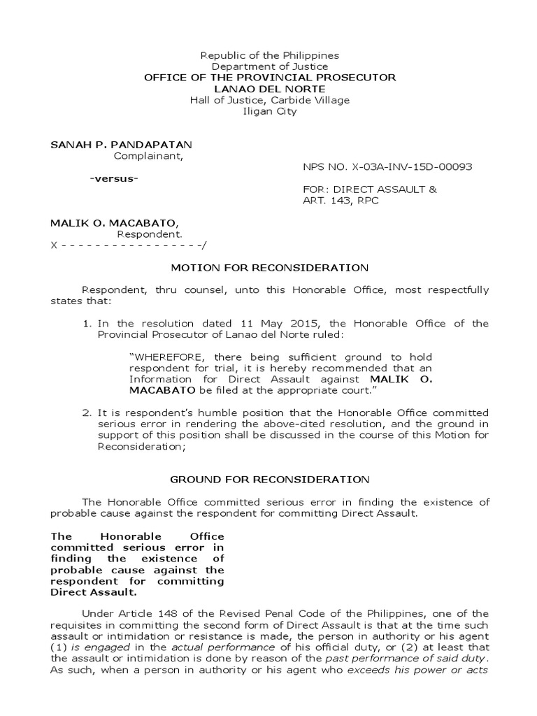 Motion for Reconsideration: Direct Assault | PDF | Assault | Criminal ...
