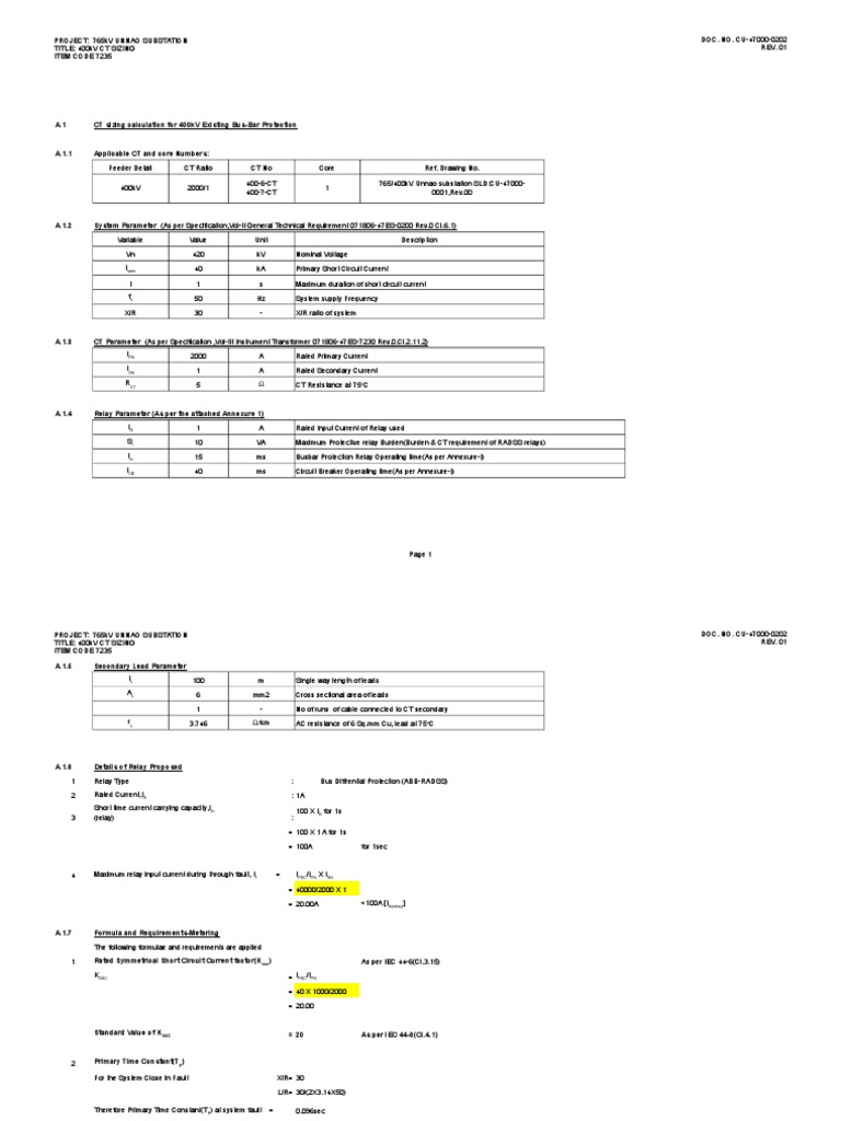 400kV Current Transformer Sizing | PDF | Transformer | Electrical ...