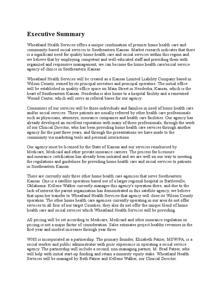 Executive Summary for Homecare | Home Care | Nursing Home Care