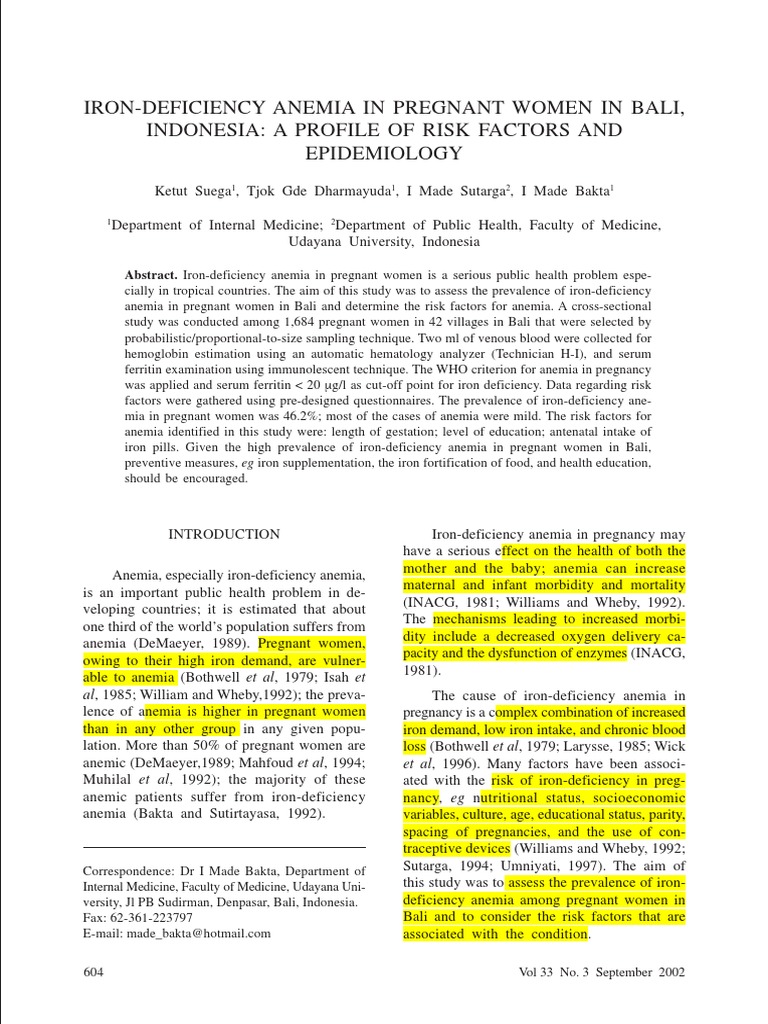 Iron-Deficiency Anemia in Pregnant Women in Bali, Indonesia A Profile of Risk Factors and ...