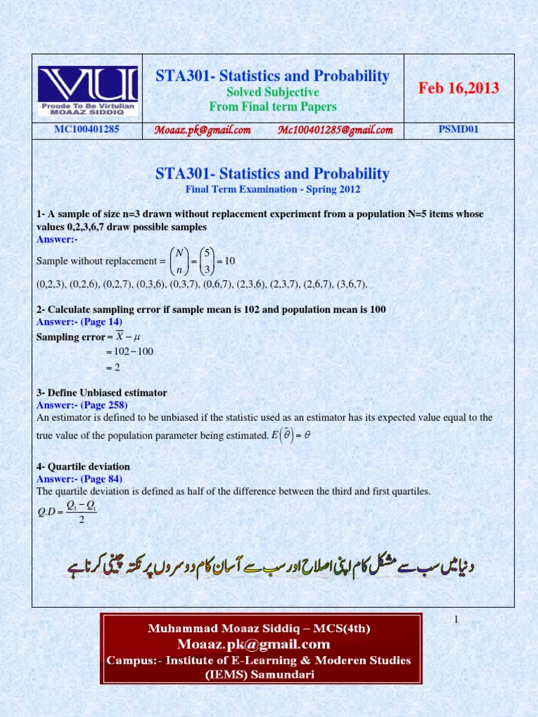STA301 - Final Term Solved Subjective With Reference by Moaaz | PDF | Statistical Hypothesis ...