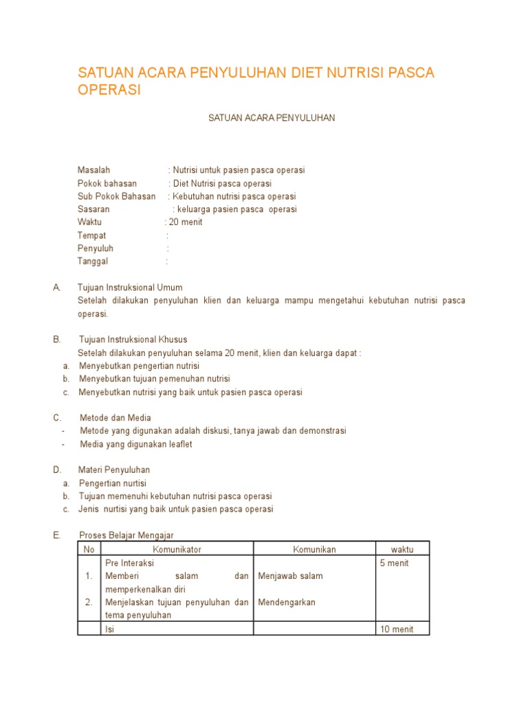 Satuan Acara Penyuluhan Diet Nutrisi Pasca Operasi | PDF