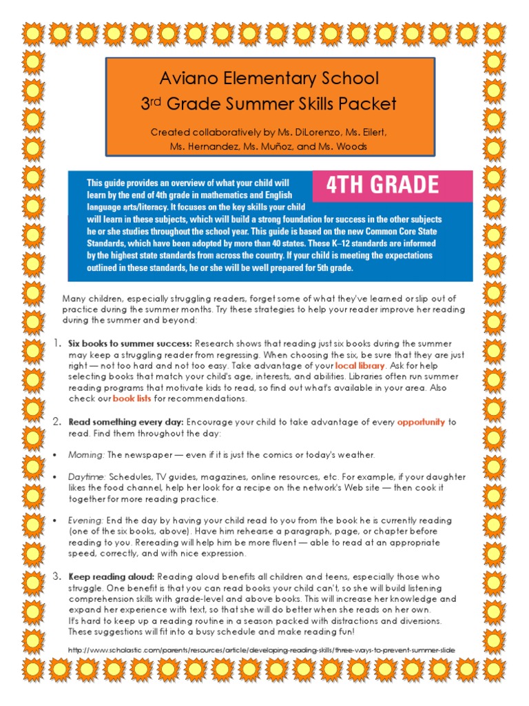 Aviano Elementary School 3 Grade Summer Skills Packet | PDF | Reading ...
