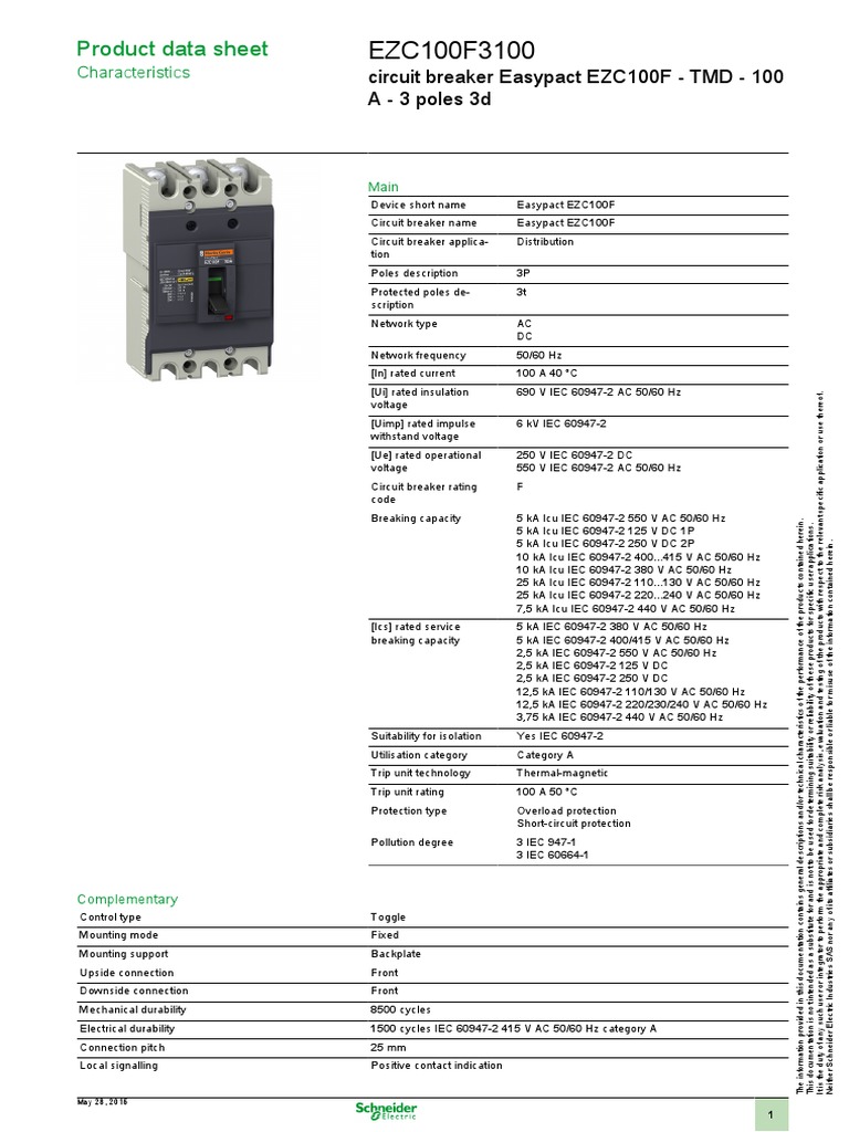 MCCB Schneider EZC100F3100 PDF | PDF | Alternating Current | Electrical ...