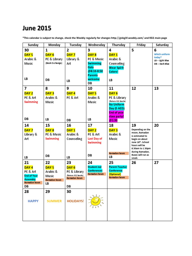 June 2015 School Calendar | PDF | Language Arts & Discipline