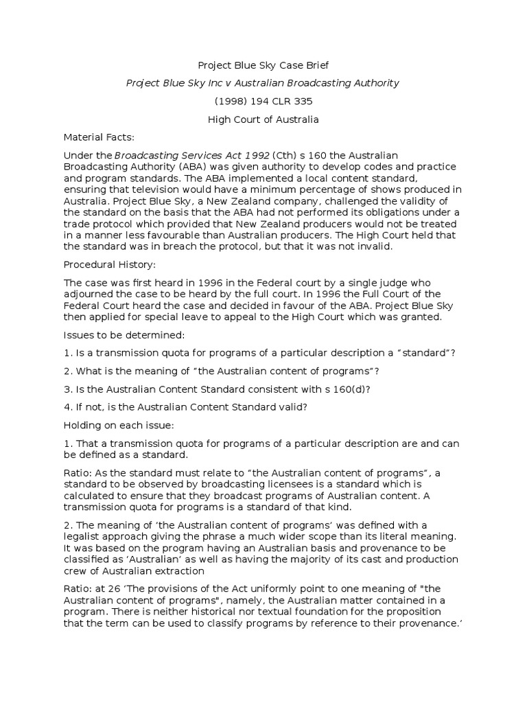 Project Blue Sky Case Brief | PDF | High Court Of Australia | Brief (Law)