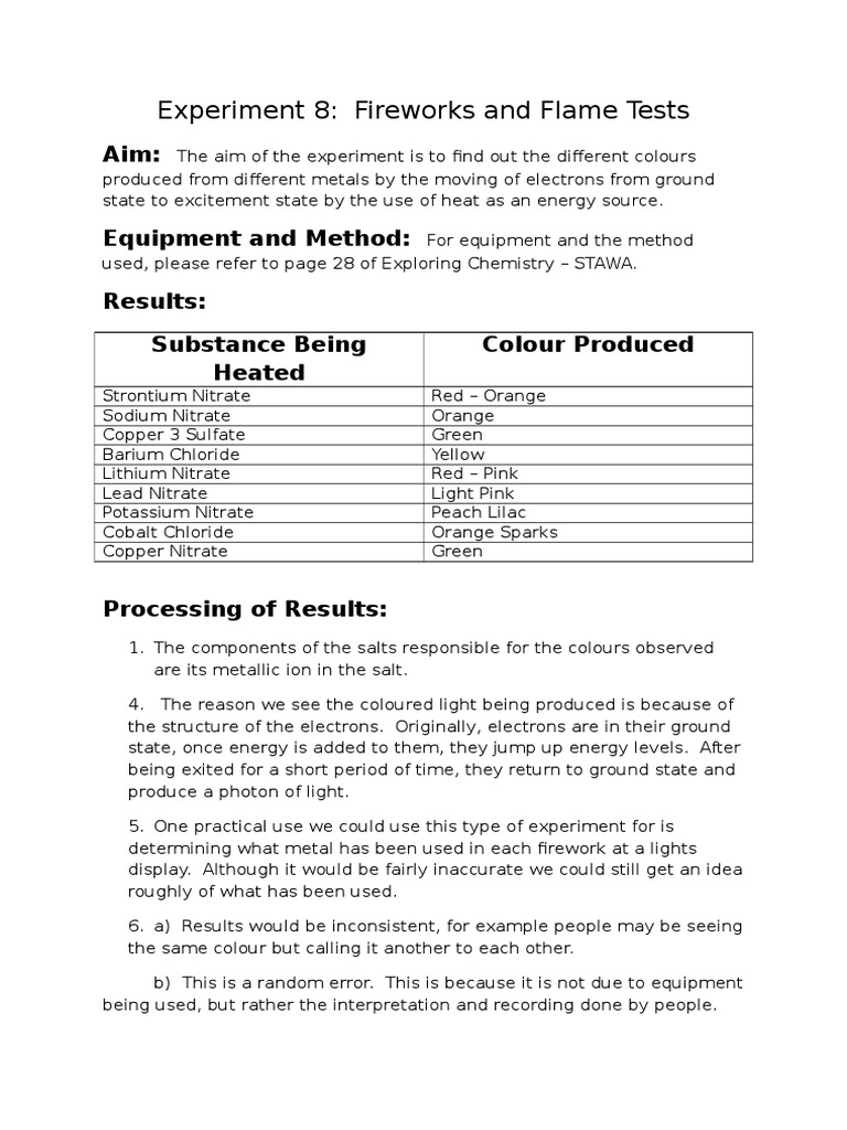Flame Test Results for Fireworks Experiment | PDF | Emission Spectrum ...