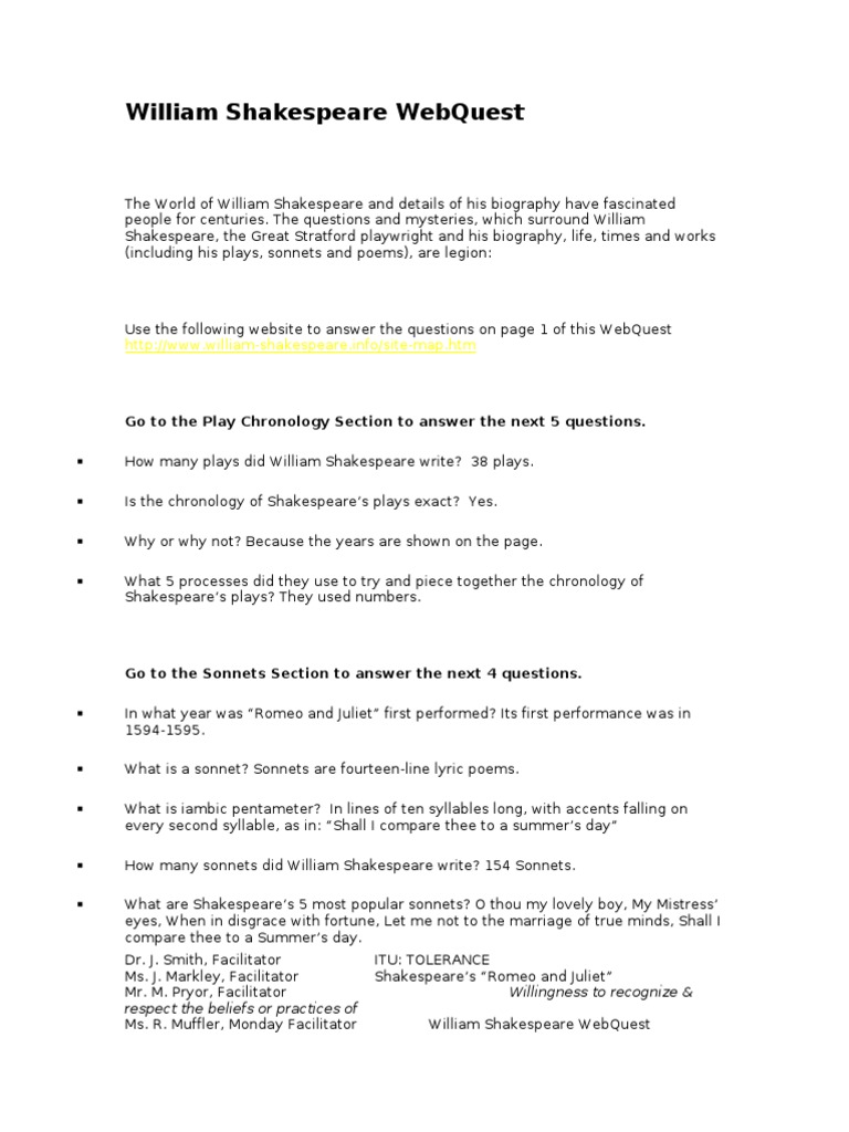 William Shakespeare Webquest: Go To The Play Chronology Section To ...