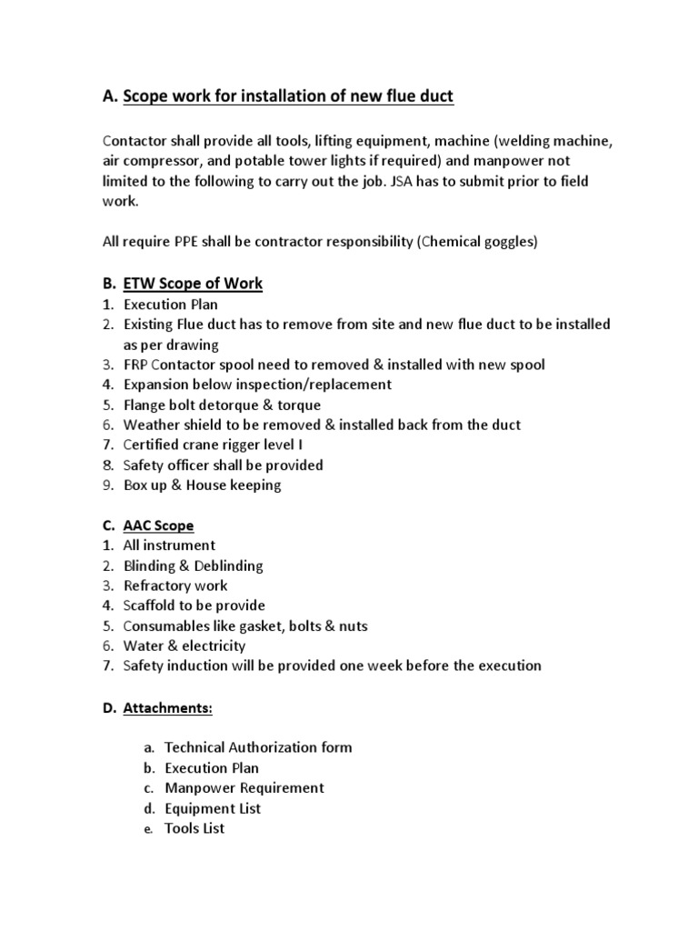 Flue Duct Installation Scope of Work | PDF