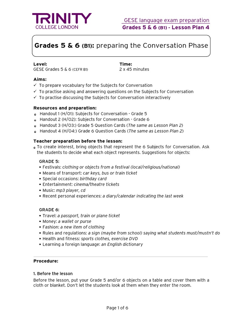 GESE Grades 5 & 6 (B1) - Lesson Plan 4 - Preparing The Conversation ...