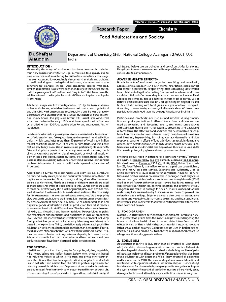 Research Paper Food Adulteration and Society | PDF | Milk | Foods