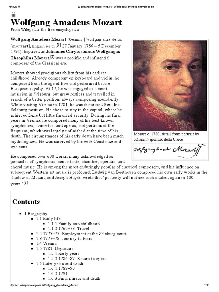 Wolfgang Amadeus Mozart - Wikipedia, The Free Encyclopedia | PDF ...
