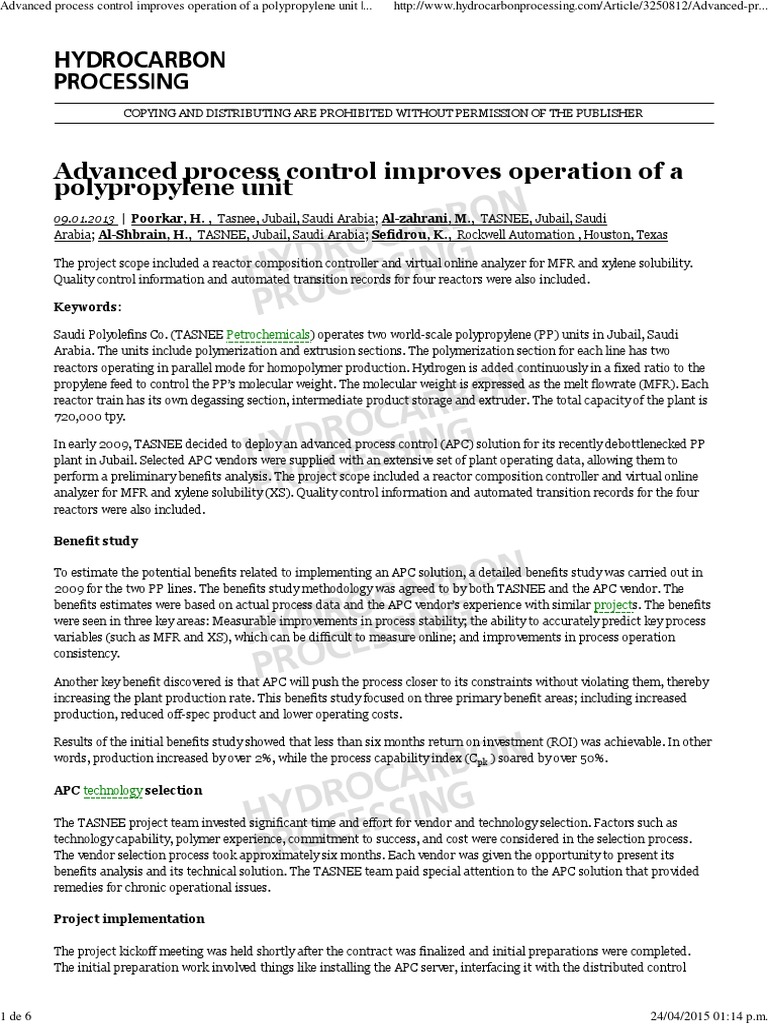 Advanced Process Control Improves Operation of A Polypropylene Unit ...