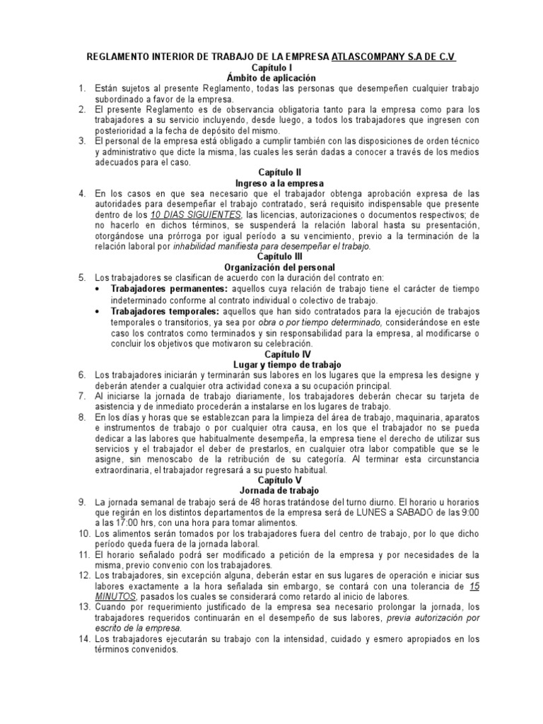 Reglamento Interno de La Empresa | PDF