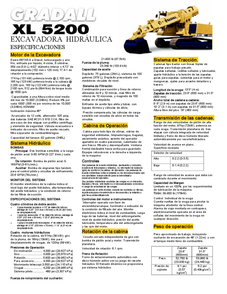 Gradall XL 5200, Hydraulic Excavator (1) - Esp | PDF | Bomba ...