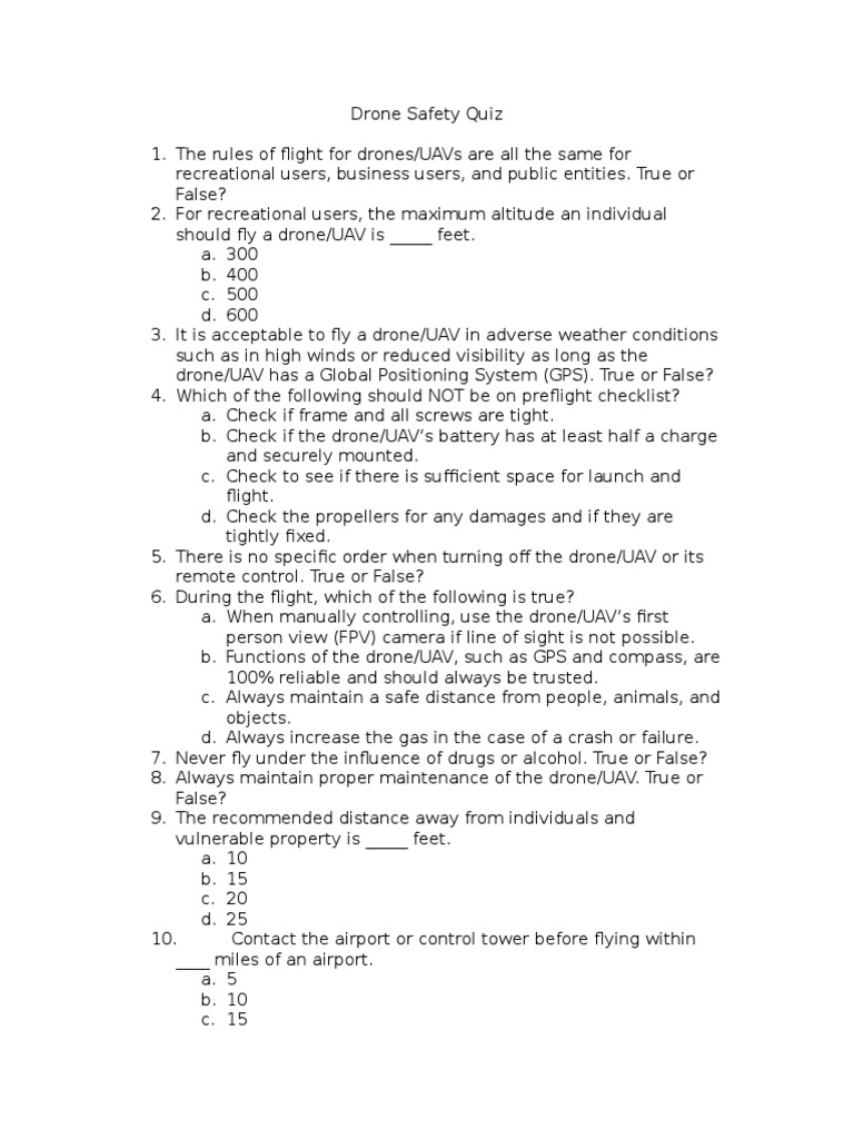 Drone Safety Quiz - Test Takers | PDF | Unmanned Aerial Vehicle | Flight