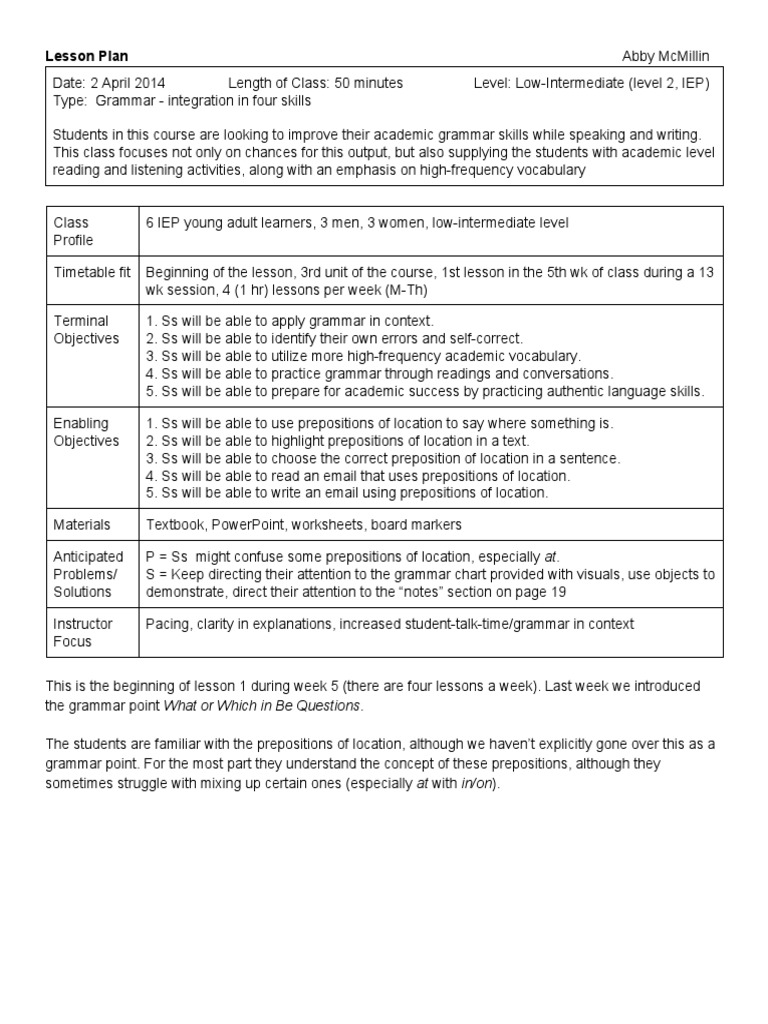 Grammar Lesson Plan: Prepositions Usage | PDF | Lesson Plan | Reading ...