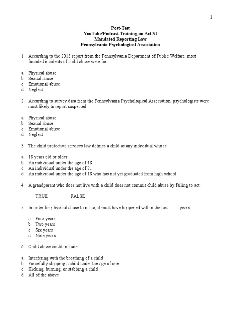 Post-Test Questions - Act 31 Training | PDF | Child Abuse | Child Neglect