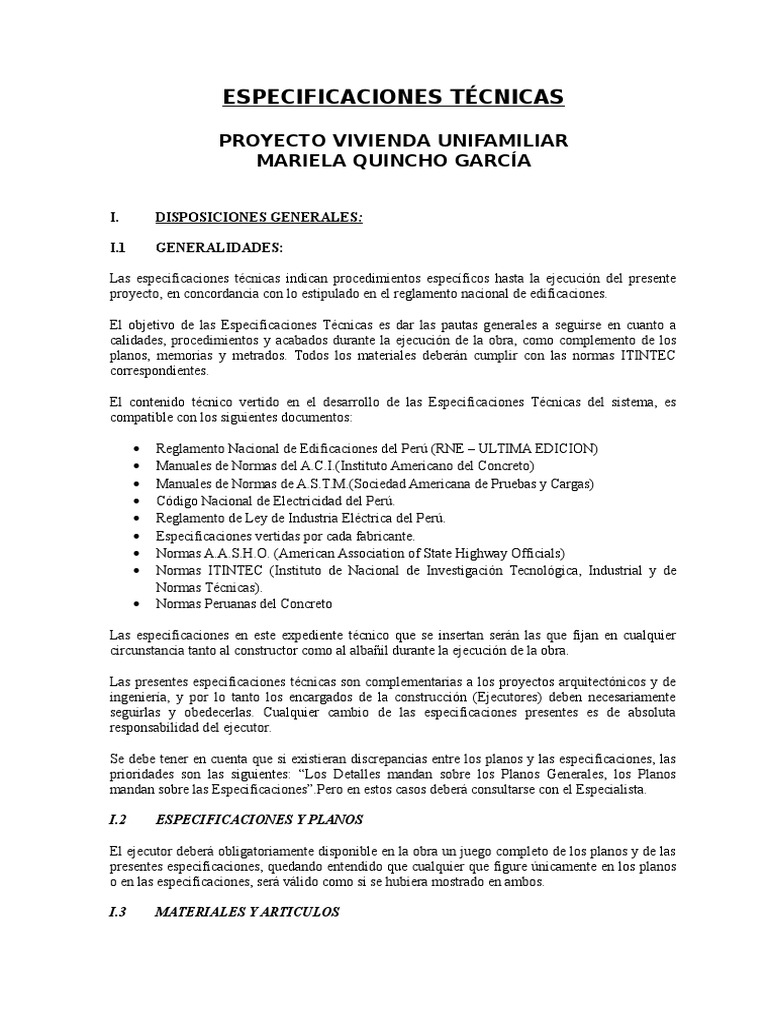 Especificaciones técnicas completas para la construcción de una vivienda unifamiliar | PDF ...